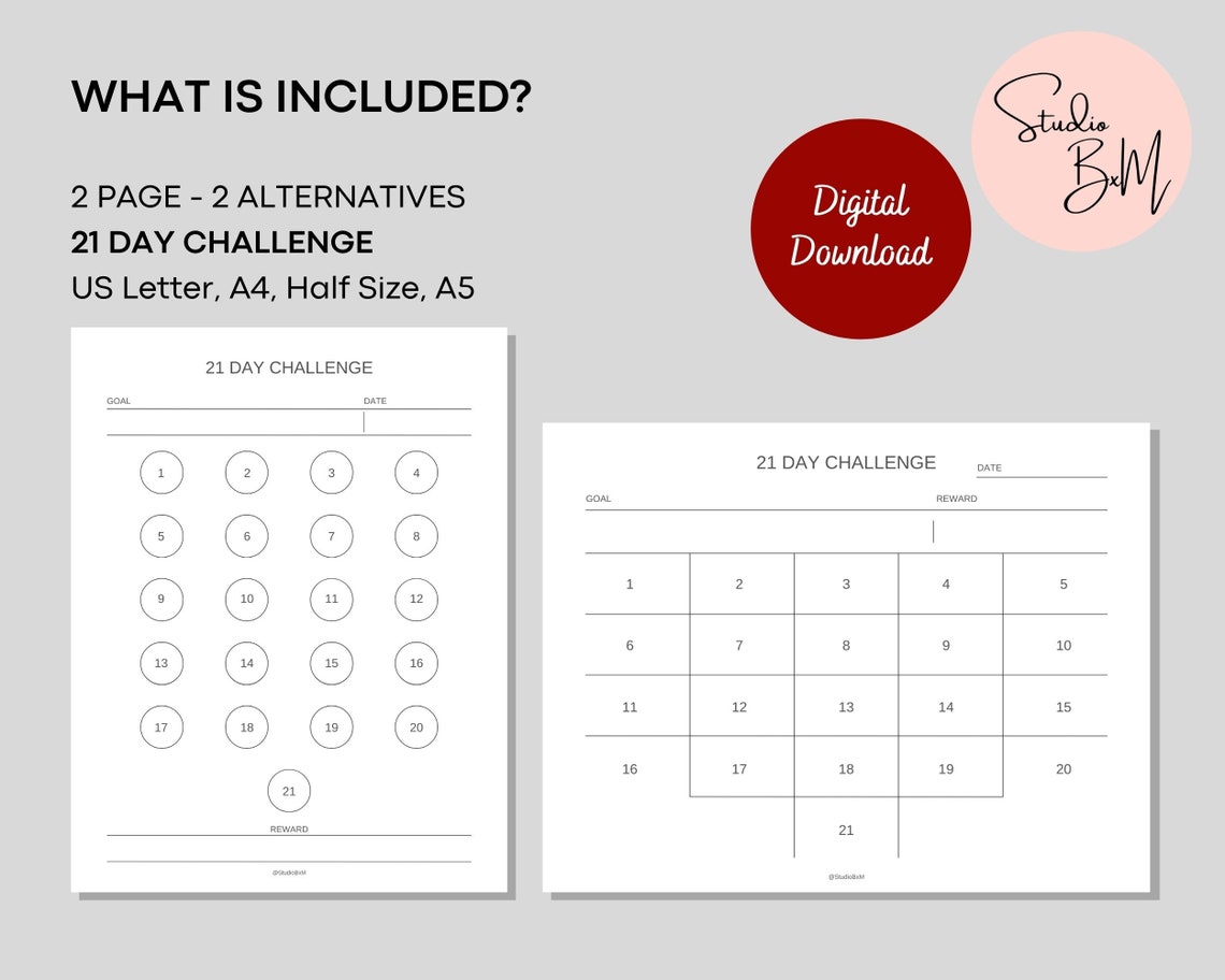 21 Day Challenge Printable Habit Tracker Daily Goal Tracker Routine ...