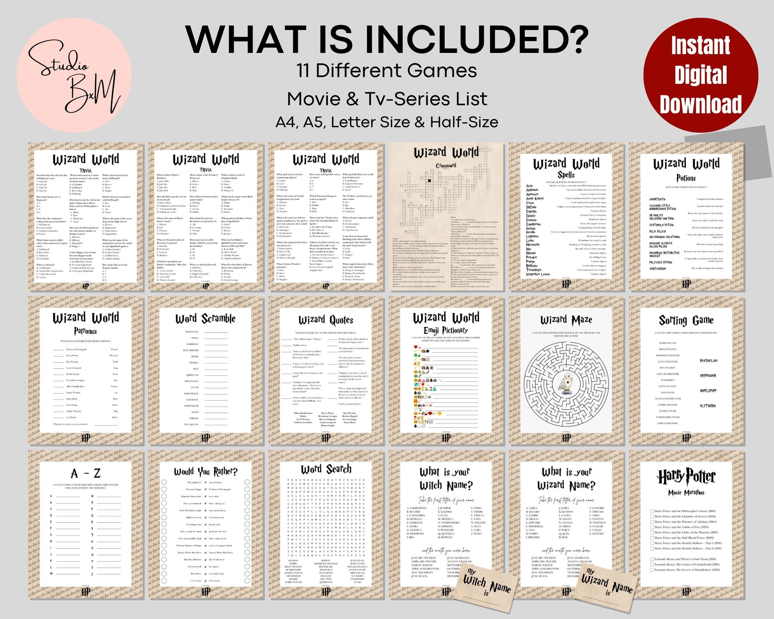 Harry Potter Trivia Printable Wizard Party Games HP Quiz Minimalist ...