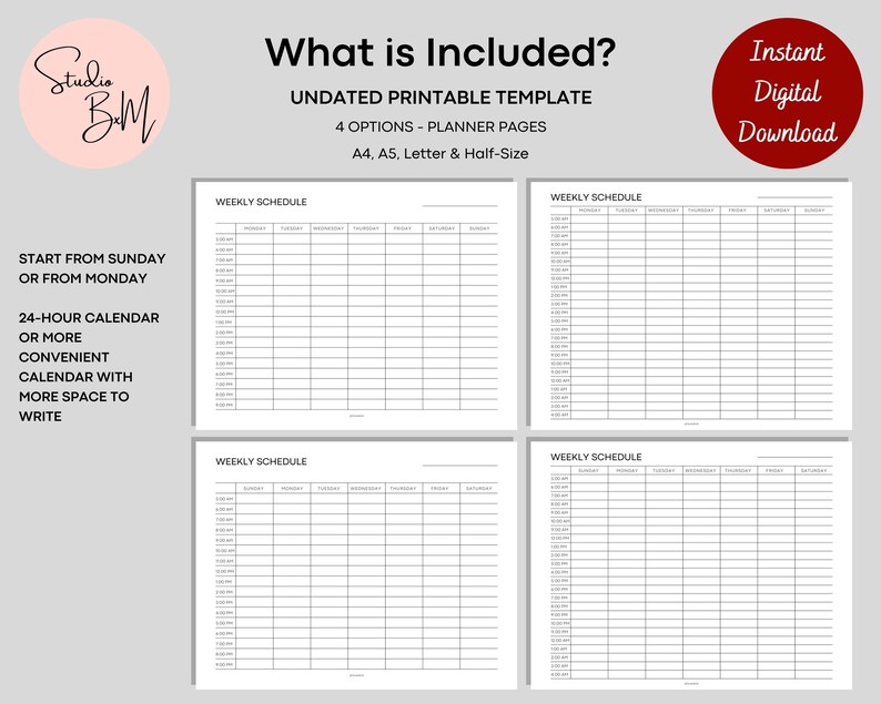 Undated Weekly Schedule Printable | Hourly Planner (digital Download ...