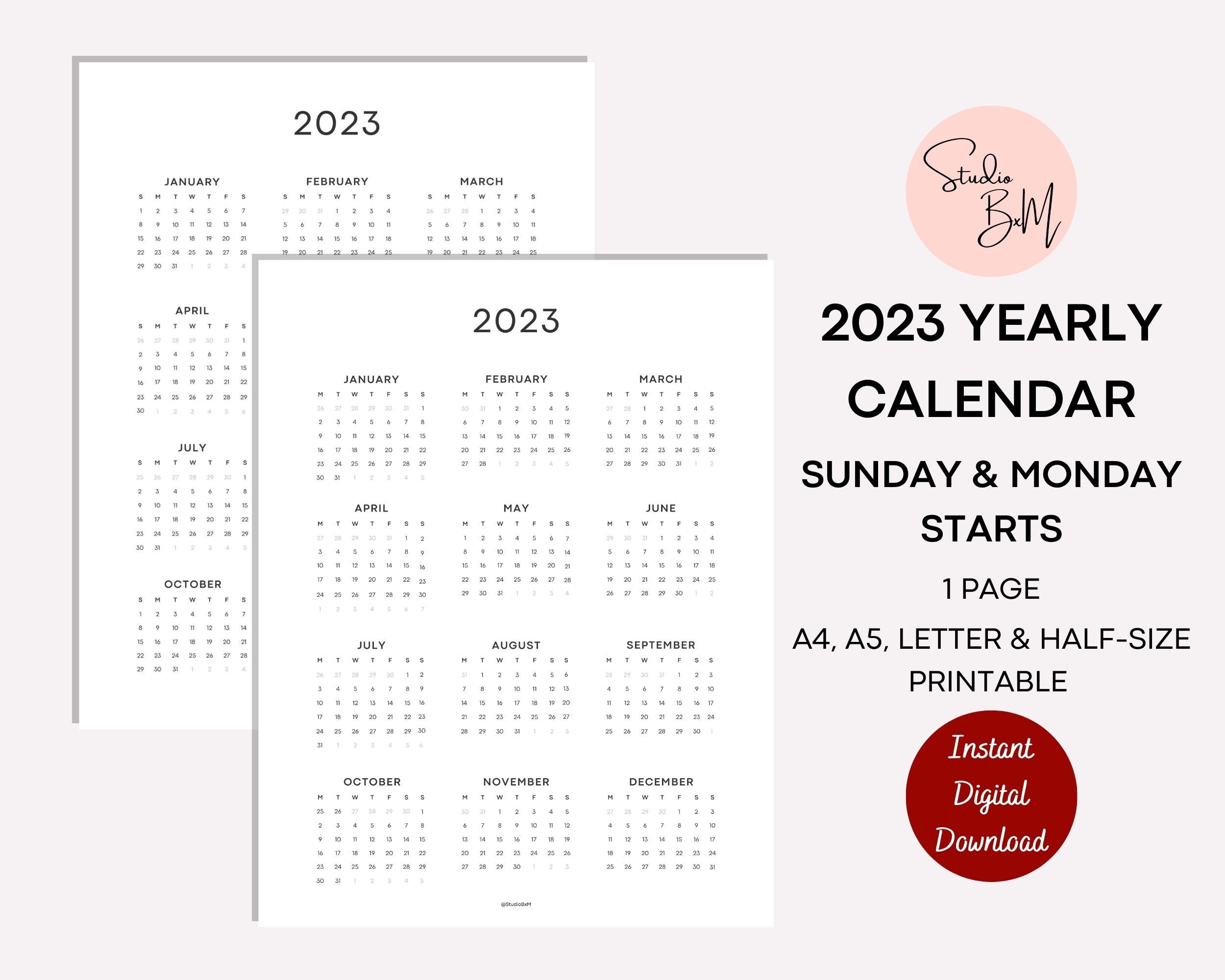 2023 Yearly Calendar One Page Instant Digital Download Monday & Sunday ...
