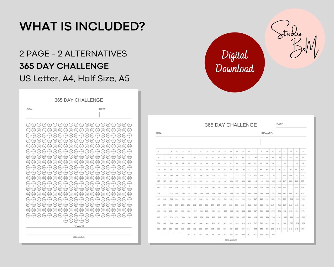 365 Day Challenge Printable Habit Tracker Daily Goal Tracker Routine ...