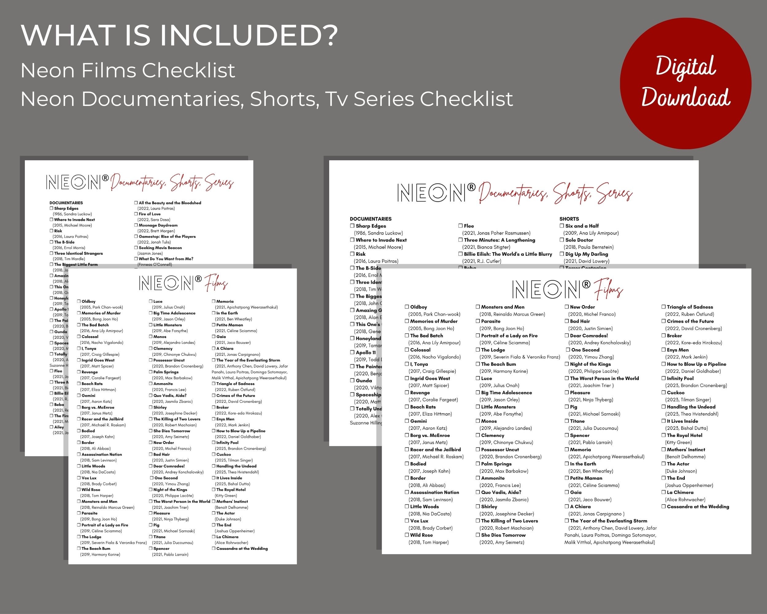 Neon Films Checklist, Movie Checklist, Neon Documentaries, Shorts ...