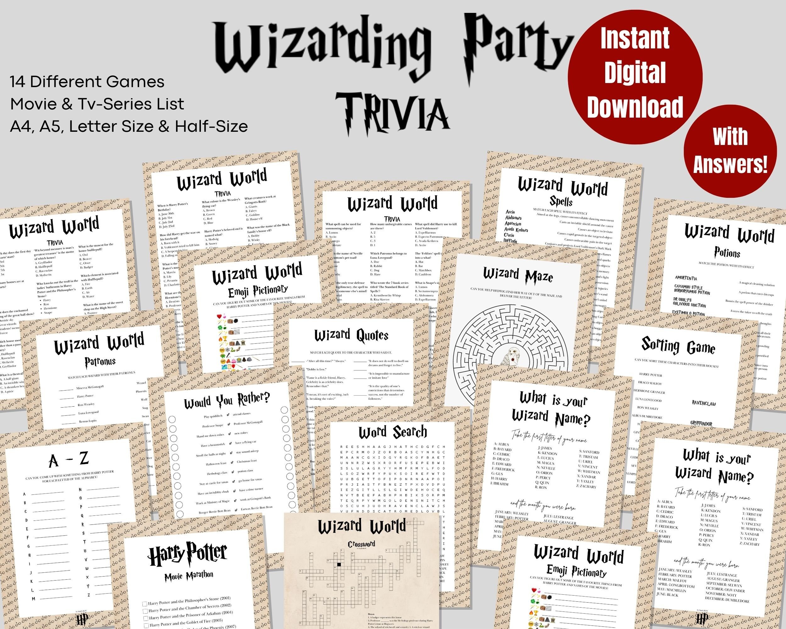 Harry Potter Trivia Printable Wizard Party Games HP Quiz Minimalist ...