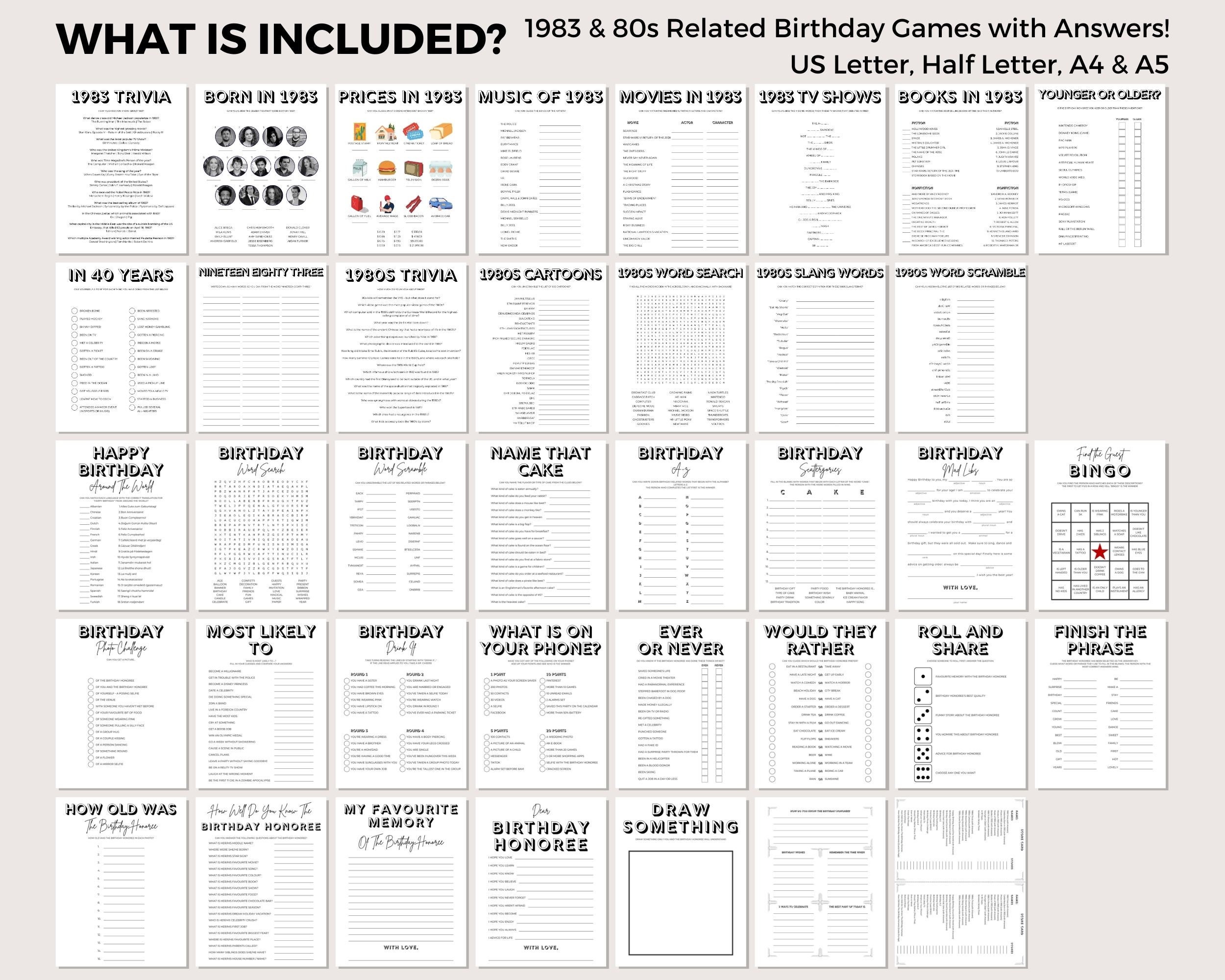 40th Birthday Party Games Bundle Born in 1983 Game Birth - Etsy