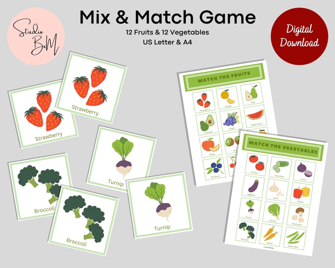 Fruit and Vegetables Matching Game Printable, Montessori Flashcards ...