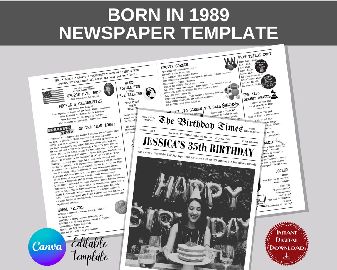 1989 Birthday Newspaper Template: 30th/35th Birthday Gift (digital ...