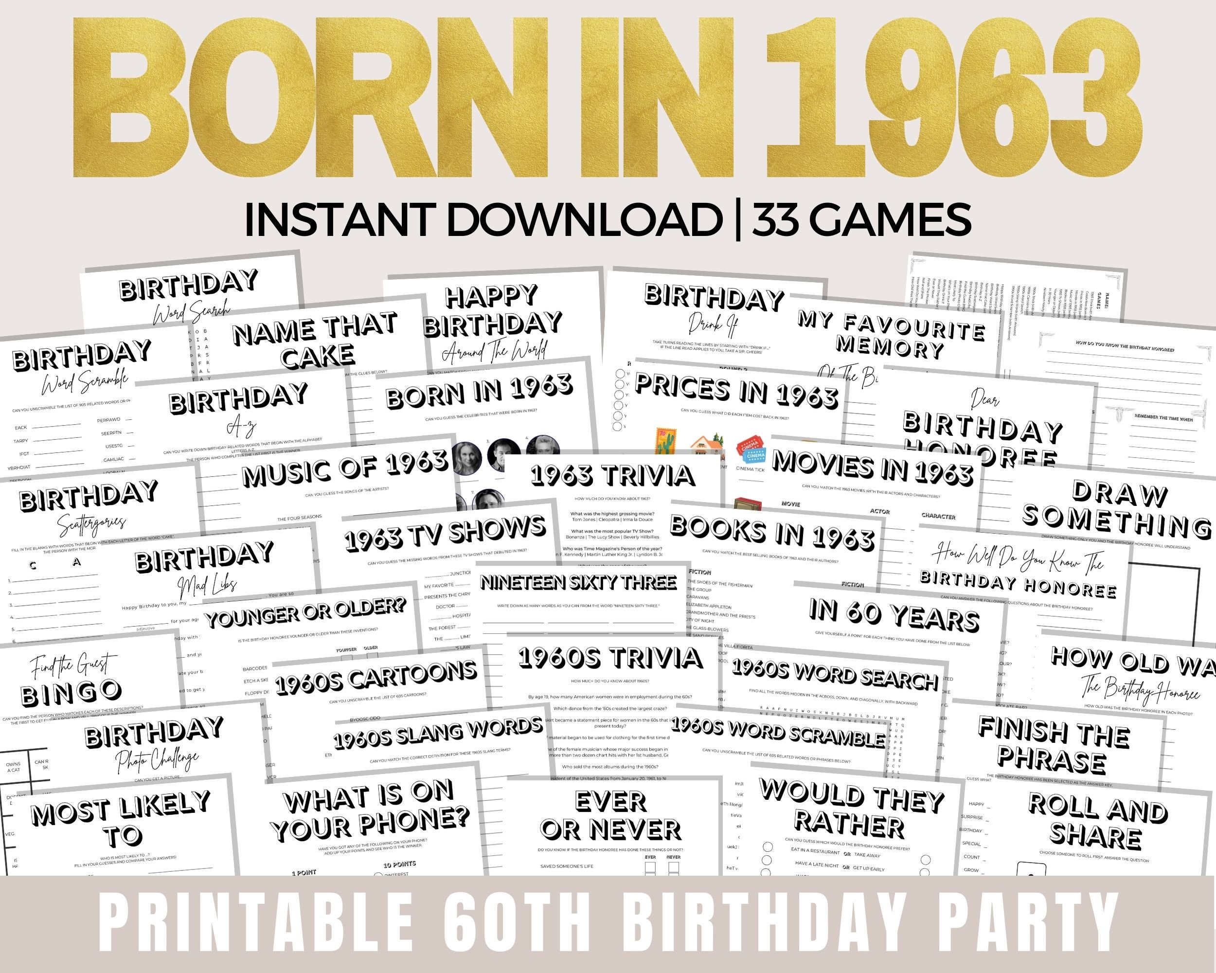 60th Birthday Party Games Bundle, Born in 1963 Game, Birth Year 1963 ...