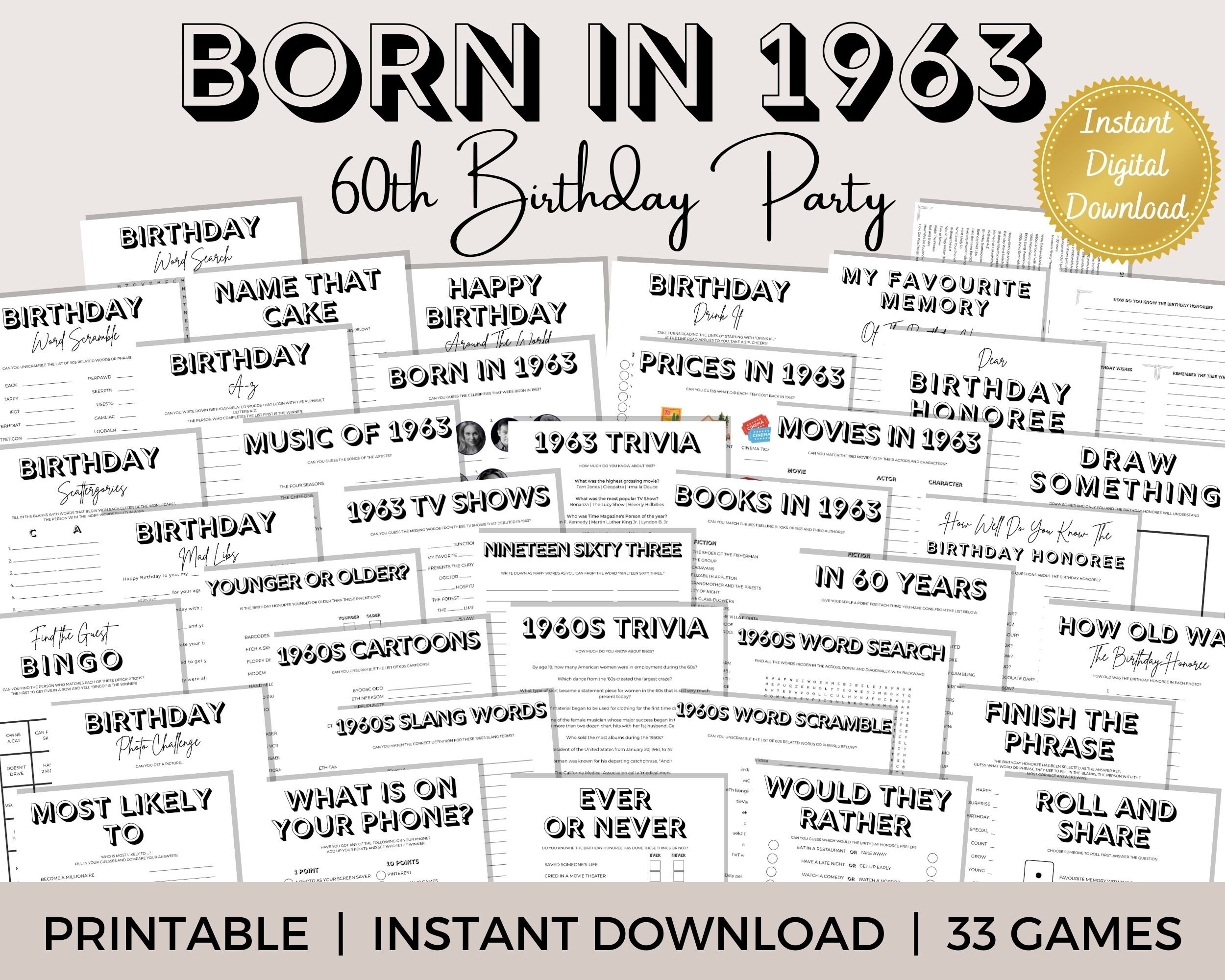 60th Birthday Party Games Bundle, Born in 1963 Game, Birth Year 1963 ...