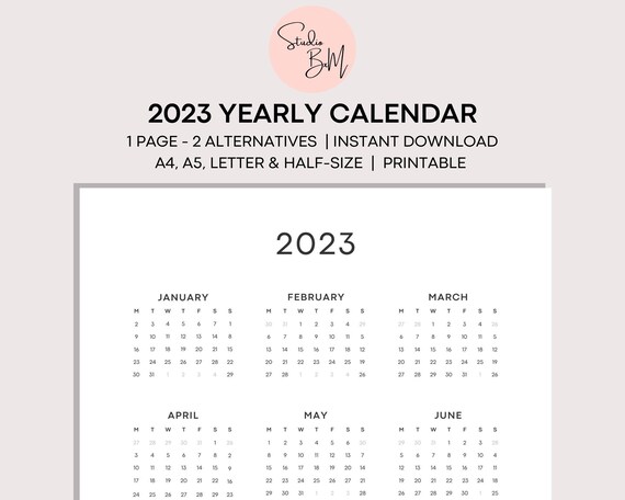 2023 Yearly Calendar One Page Instant Digital Download - Etsy
