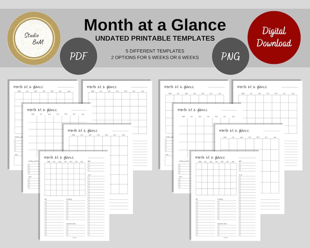 Month at a Glance Printable | Undated Monthly Planner | Undated ...
