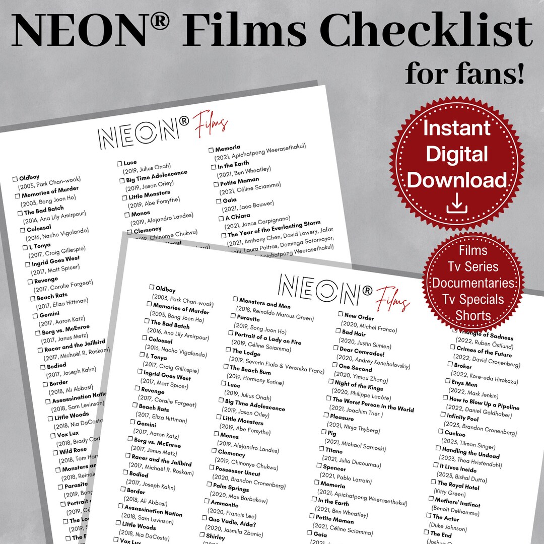 Neon Films Checklist: Movie, TV, Documentary List (digital Download) - Etsy