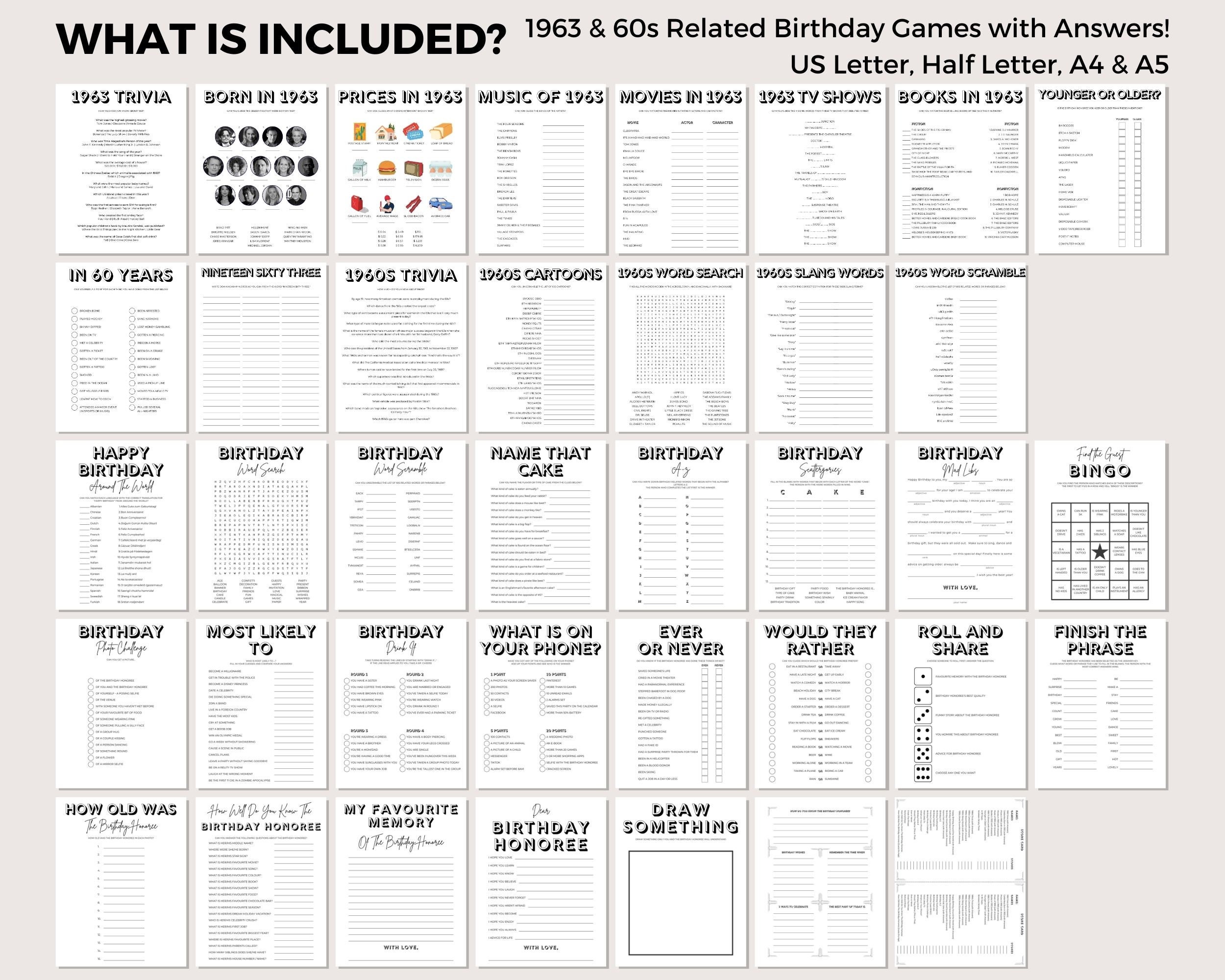 60th Birthday Party Games Bundle, Born in 1963 Game, Birth Year 1963 ...