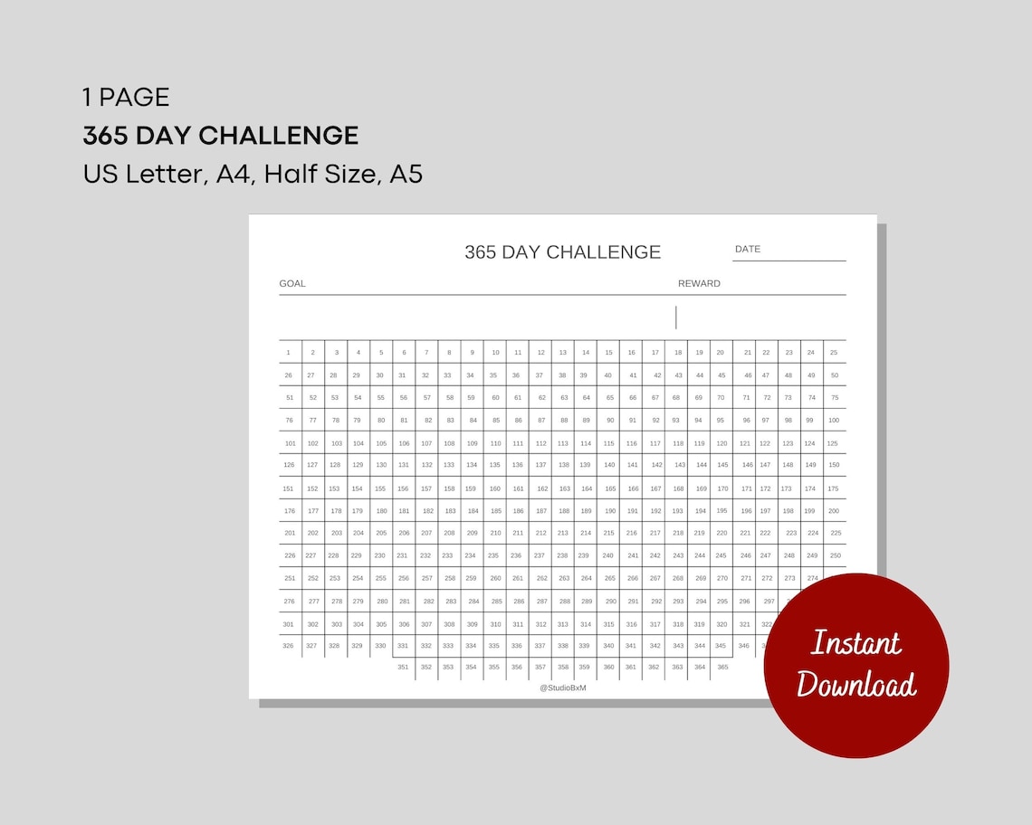 365 Day Challenge Printable Habit Tracker Daily Goal Tracker Routine ...