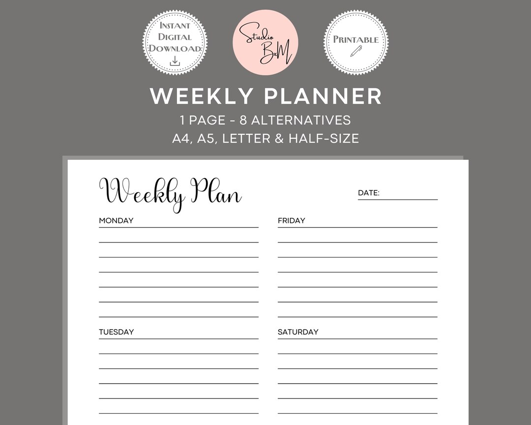 Weekly Organizer Printable, Weekly Planner Printable, Minimalist Weekly ...