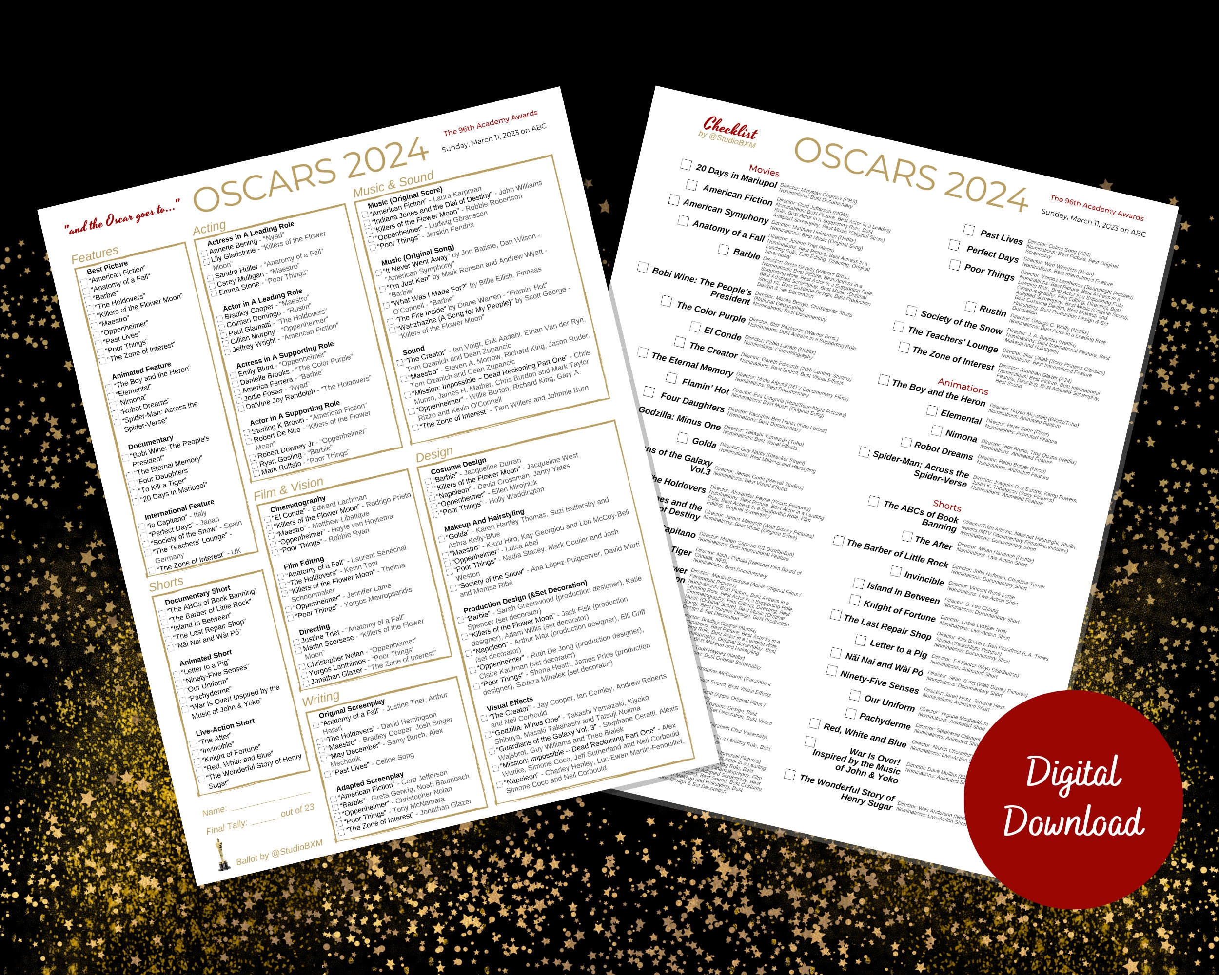 2024 Oscars Ballot 96th Academy Awards Party Games, Oscars Checklist ...