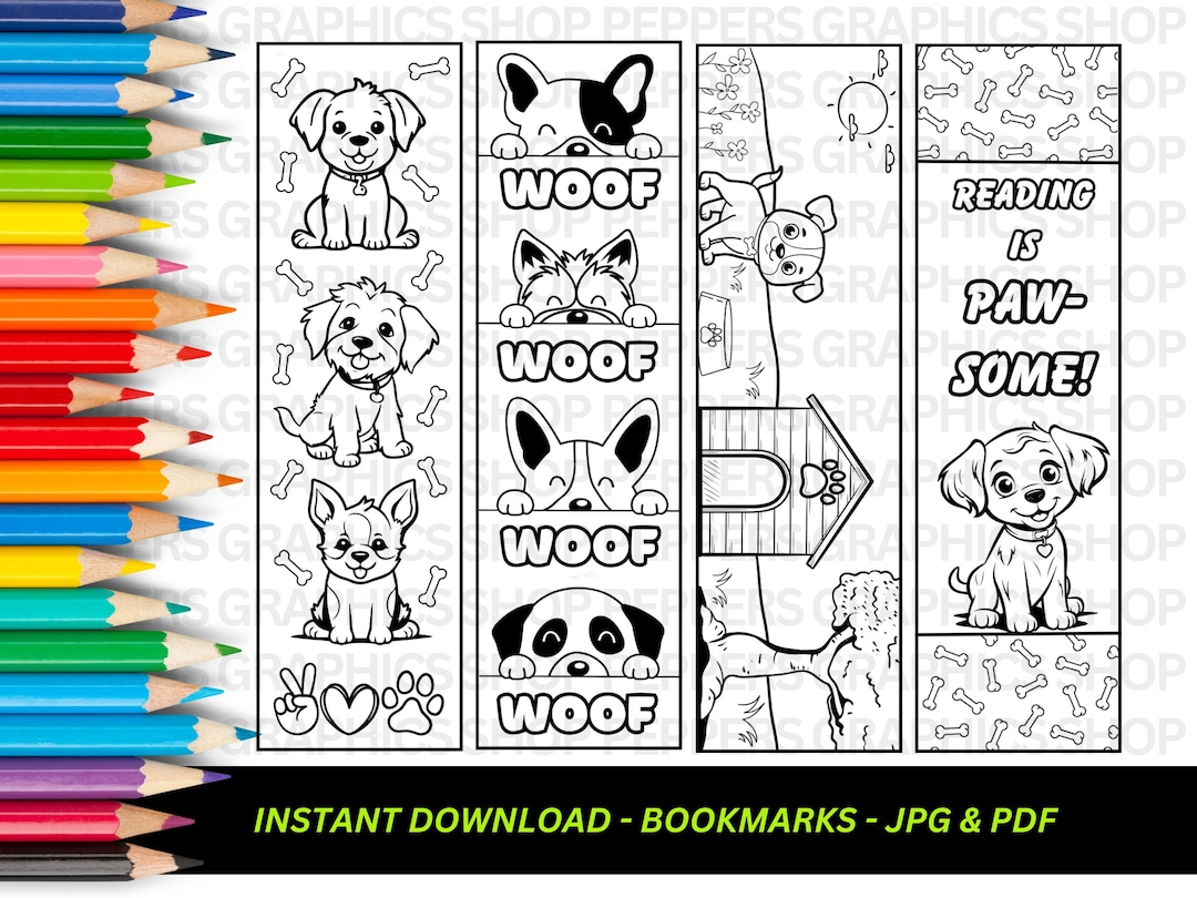 Coloring Bookmarks Printable, Dog Bookmarks, Kids Bookmarks, Instant ...