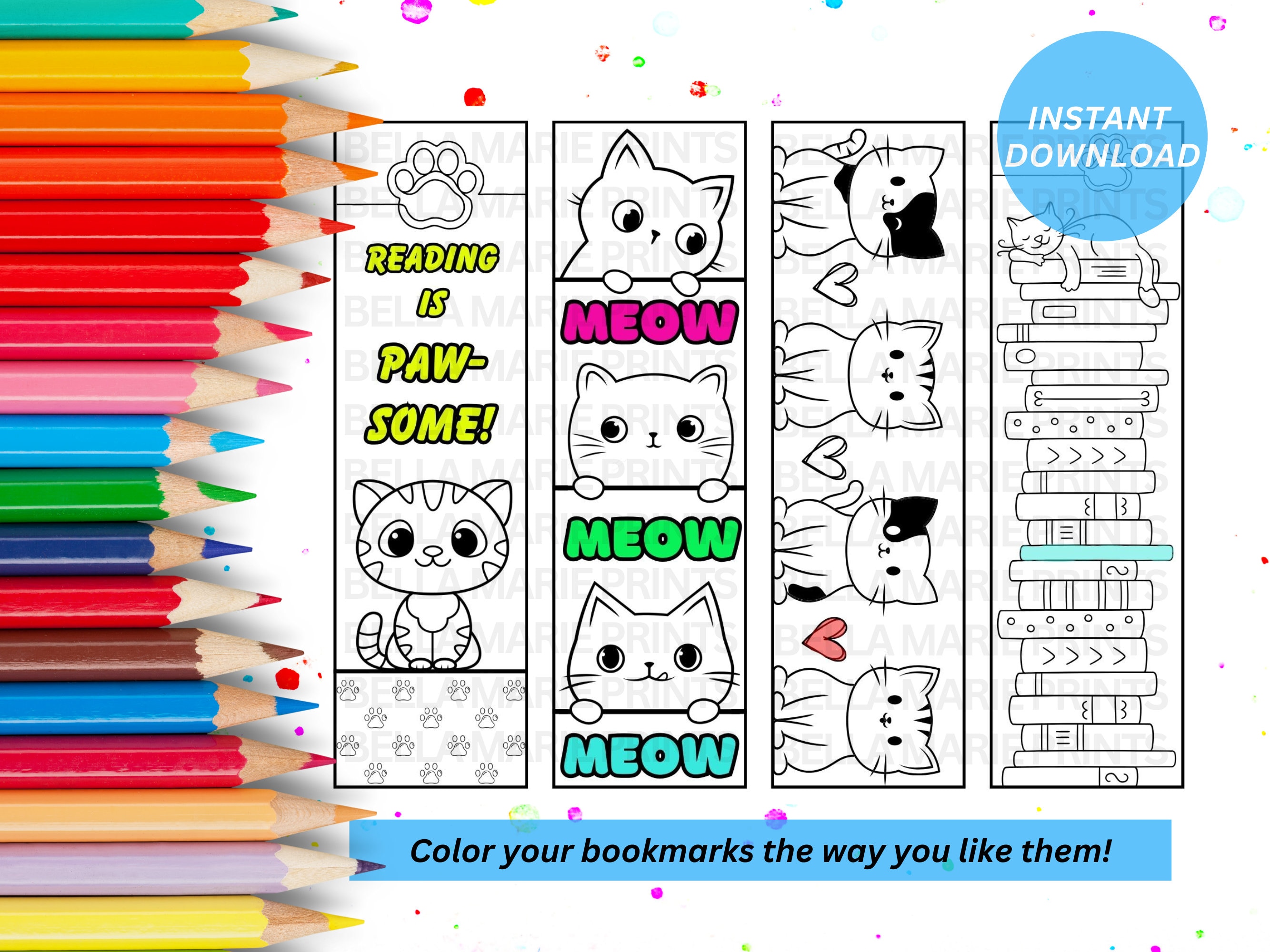 Printable Cat Bookmarks, Coloring Bookmarks, Kids Bookmarks, Bookmarks to Color, Instant ...