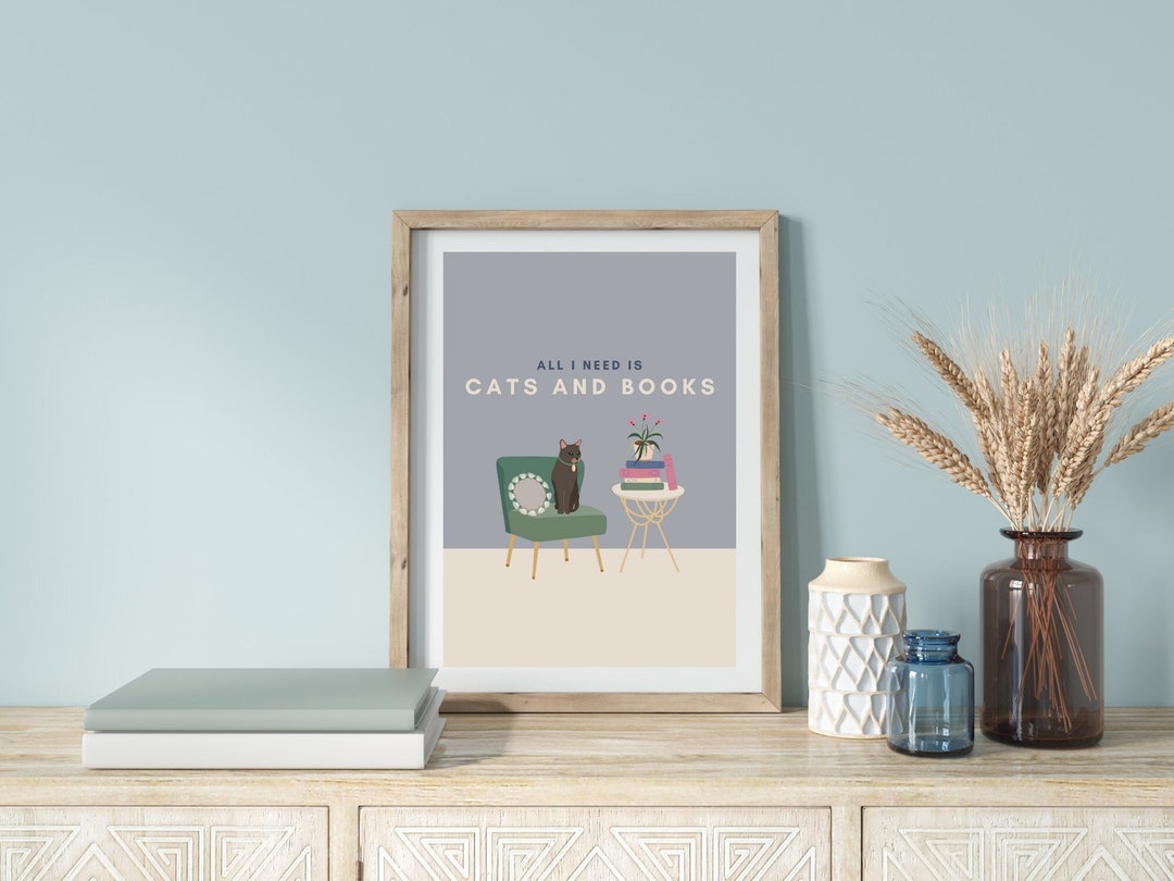 Wall Picture With Cat and Books, Poster for Cat Lovers and Bookworms ...