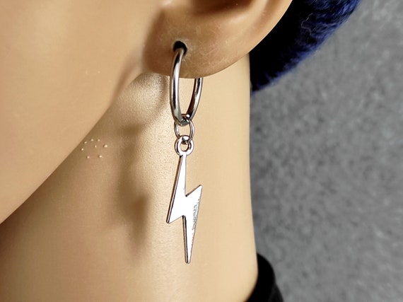 One Men Dangle Lightning Strike Hoop David Bowie Accessory Flash Earring Silver Lightning Hoop Silver Lightning Dangle Boyfriend Gift Etsy