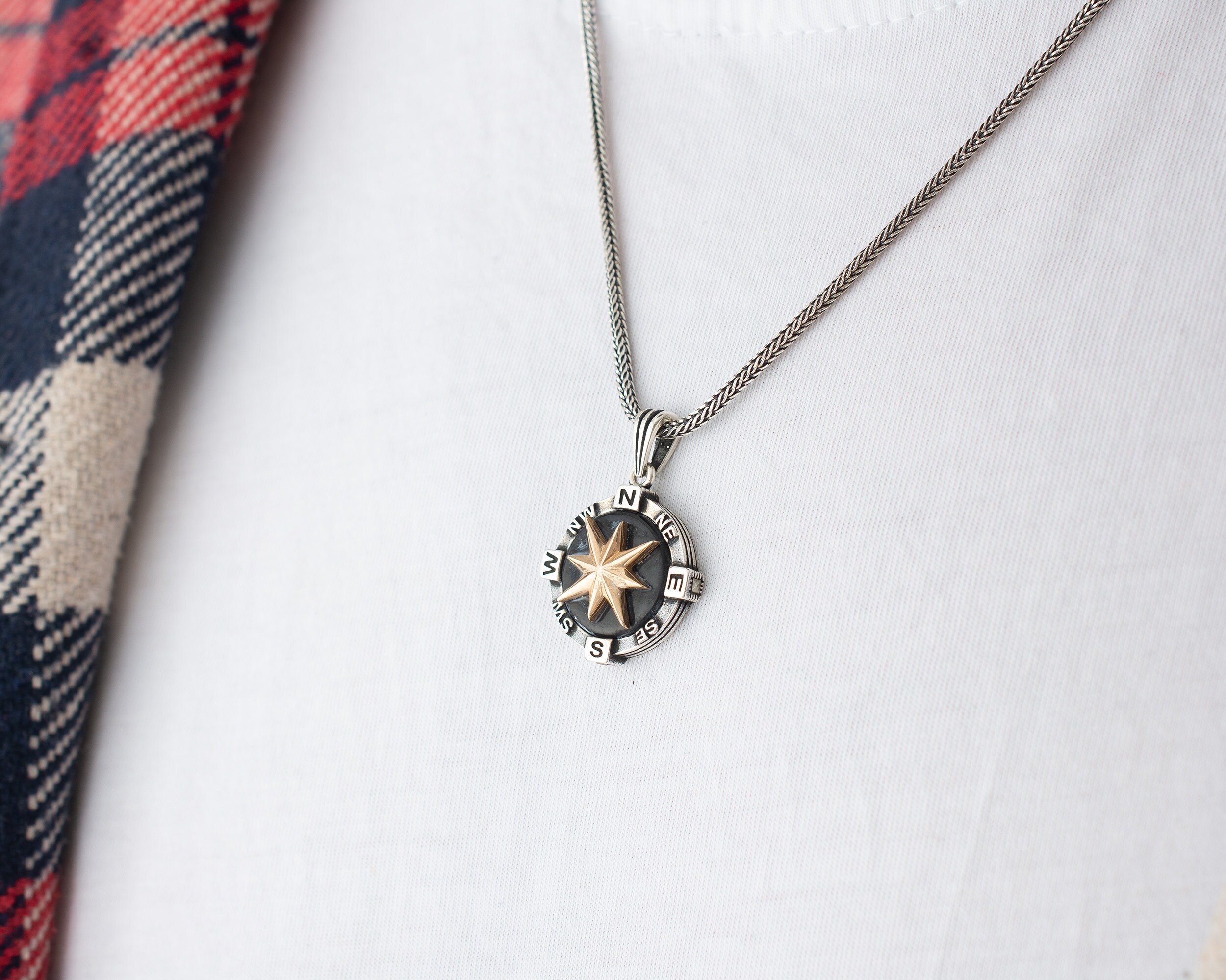 Silver Compass Necklace Men 925 Sterling Silver Pendant - Etsy