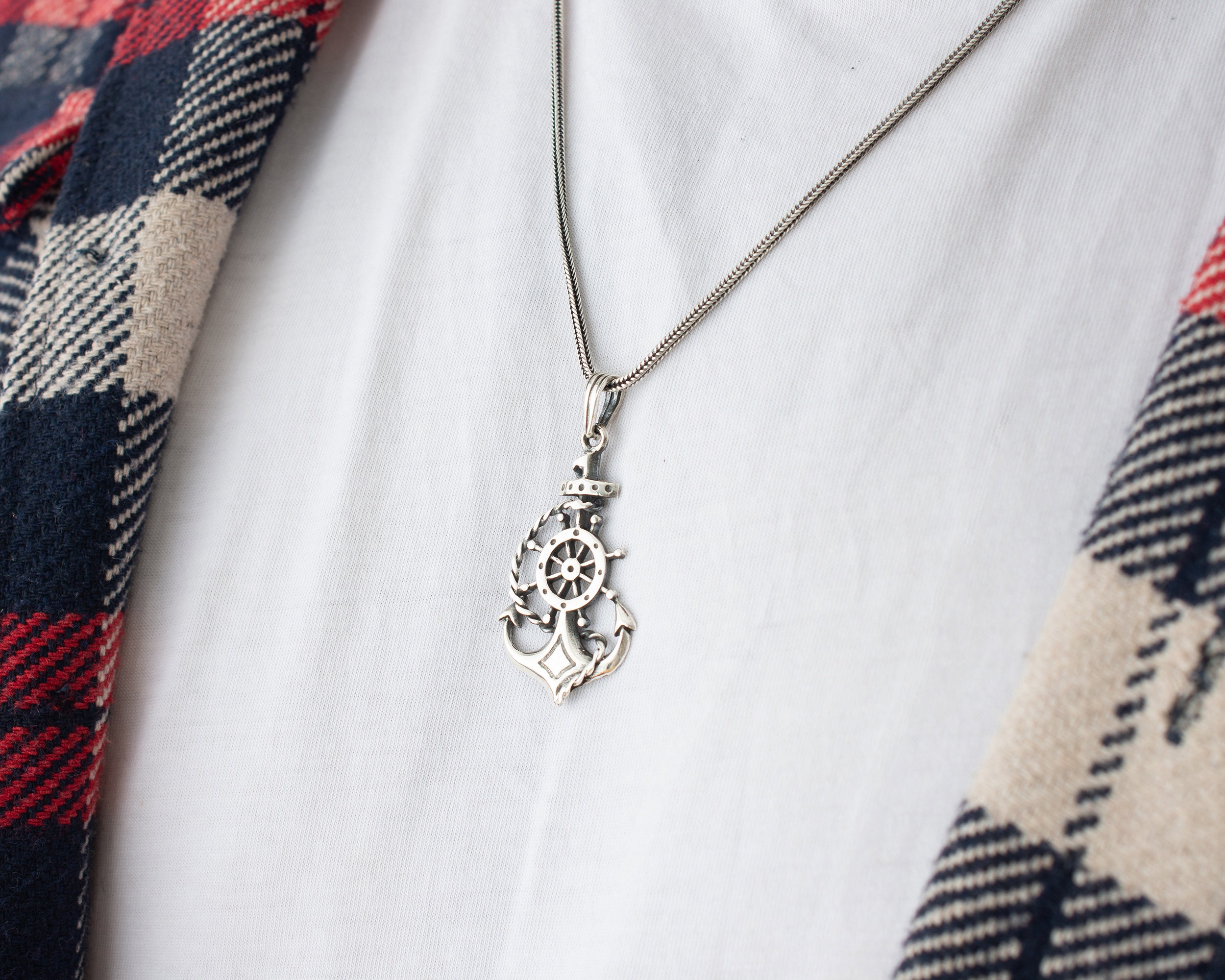 Anchor Silver Necklace Mens Sailor Necklace For Him Solid Etsy