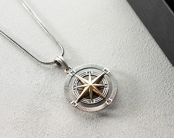 Silver Compass Necklace Men 925 Sterling Silver Pendant Necklace for ...