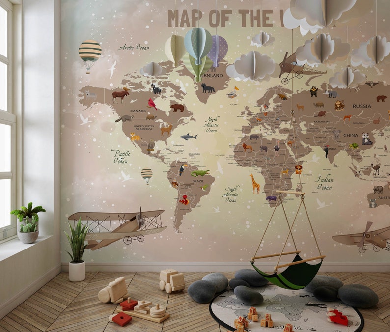 Animals World Map, Child Room World Map, for Children's Rooms Design , for Digital Print ...