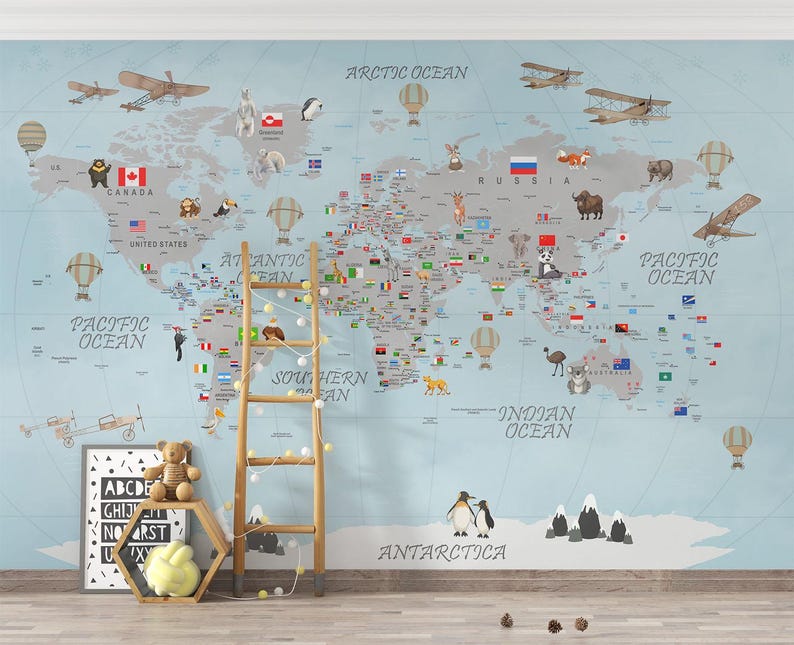 Kids World Map: Educational Wall Art Mural (digital File, JPEG 300dpi ...