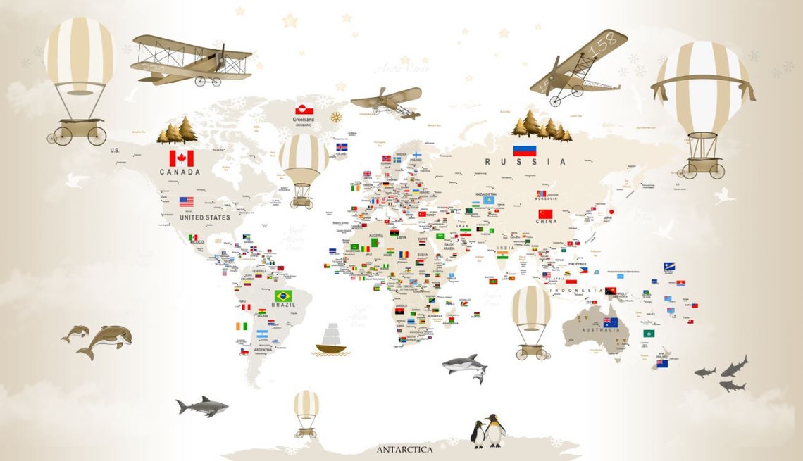 World Map, Educational Map, Kids World Map, Kids Mural for Digital ...