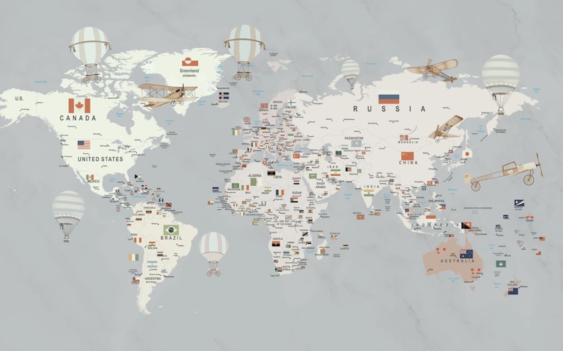 World Map With Flags and Animals: Kids Room Decor (digital File) - Etsy ...
