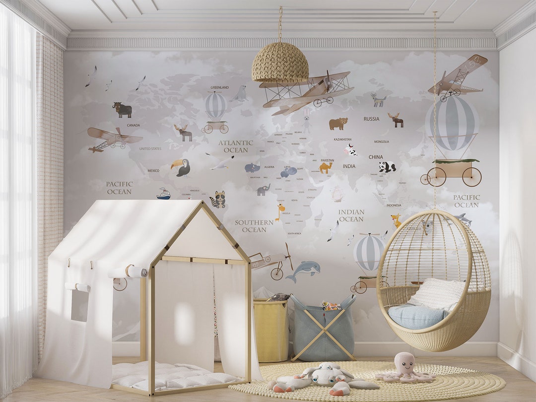 Child Room World Map, Kids Educational Map, World Map Mural for Digital ...