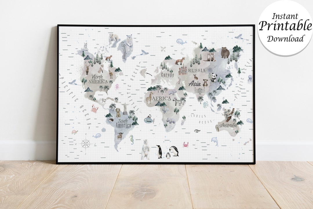 Educational World Map for Children's Rooms Design , for Digital Print ...