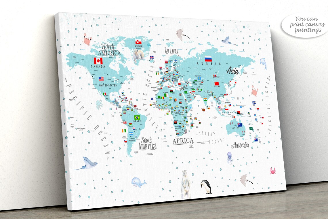Educational World Map for Children's Rooms Design , for Digital Print ...