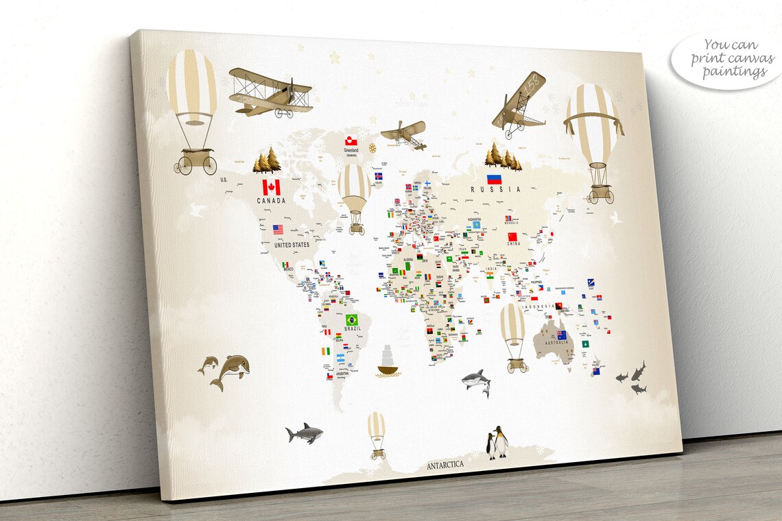 World Map, Educational Map, Kids World Map, Kids Mural for Digital ...