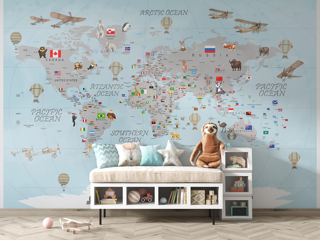 Kids World Map: Educational Wall Art Mural (digital File, JPEG 300dpi ...