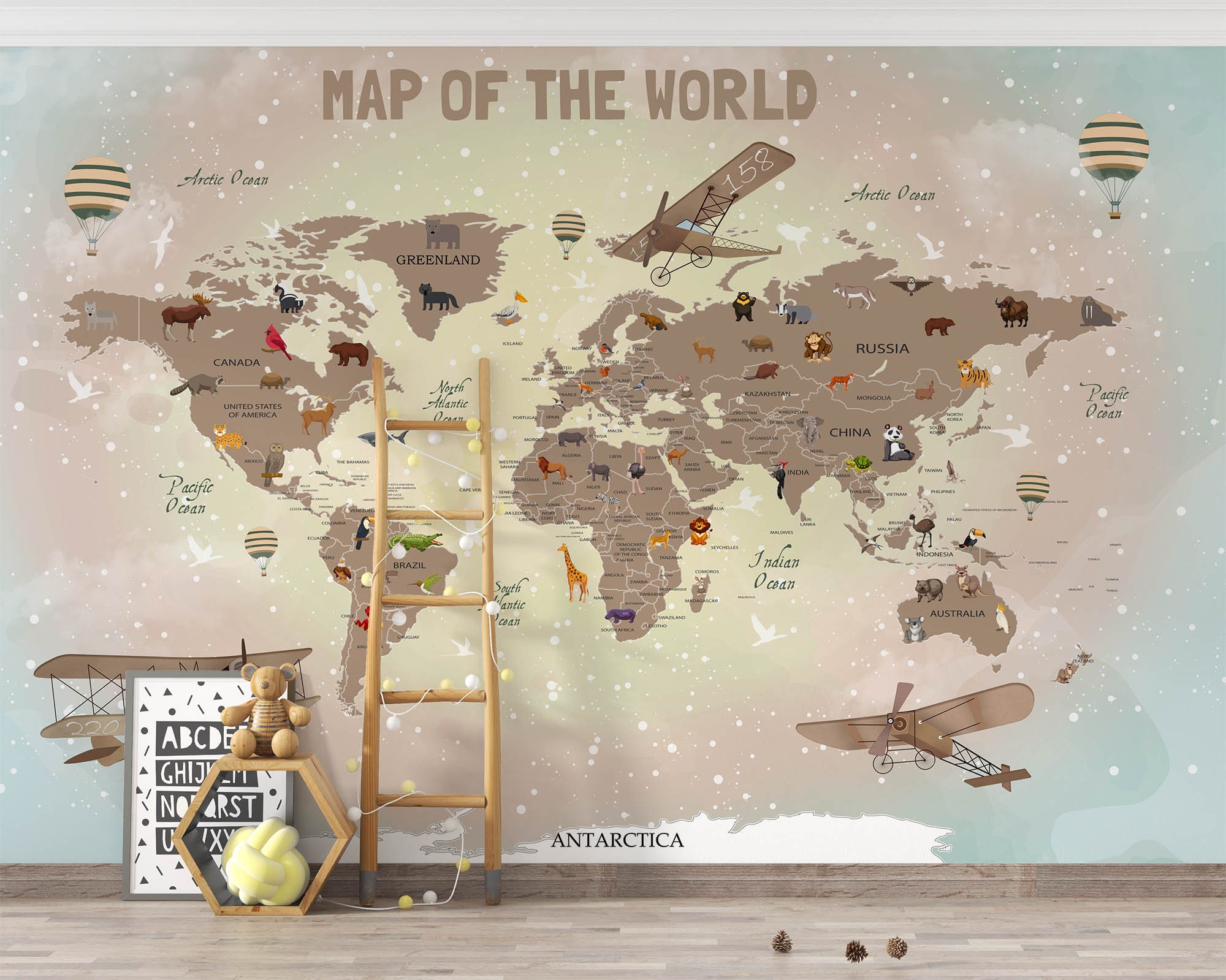 Animals World Map, Child Room World Map, for Children's Rooms Design , for Digital Print ...