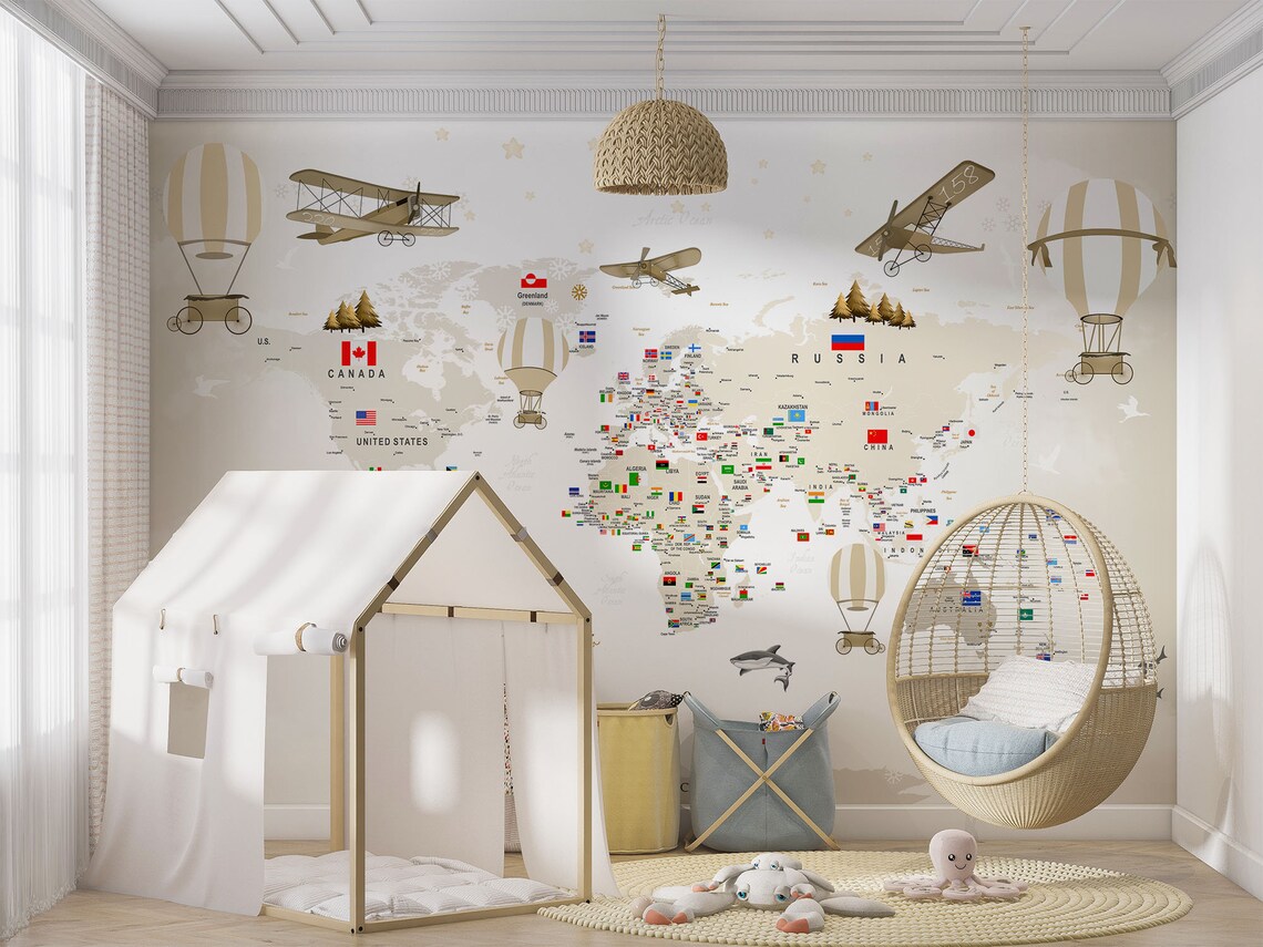 World Map, Educational Map, Kids World Map, Kids Mural for Digital ...
