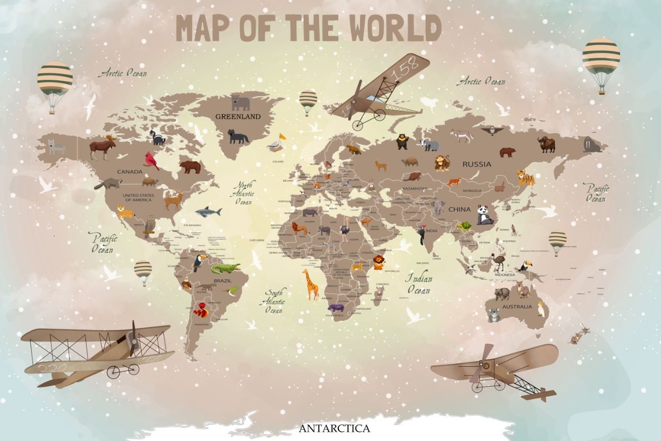 Animals World Map, Child Room World Map, for Children's Rooms Design ...