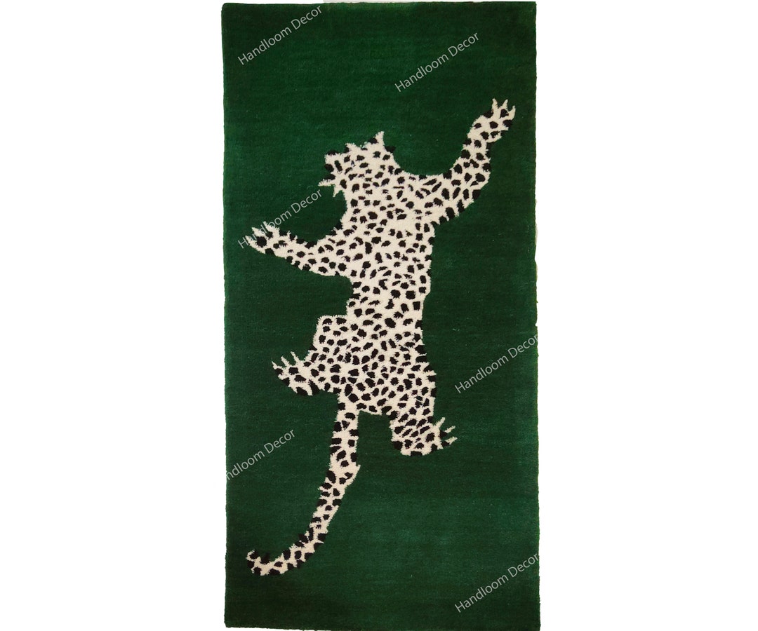 Leopard Tufted Rug Hand Tufted Wool Rug Green Rug Animal Print Rug ...