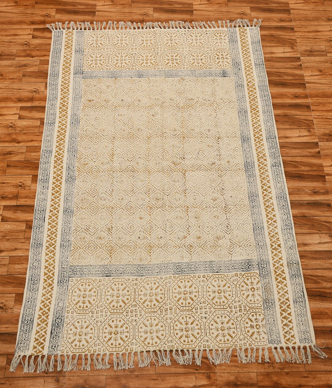 Natural Cotton Wooden Block Printed Rugs Dhurries / Floor Carpet Boho ...
