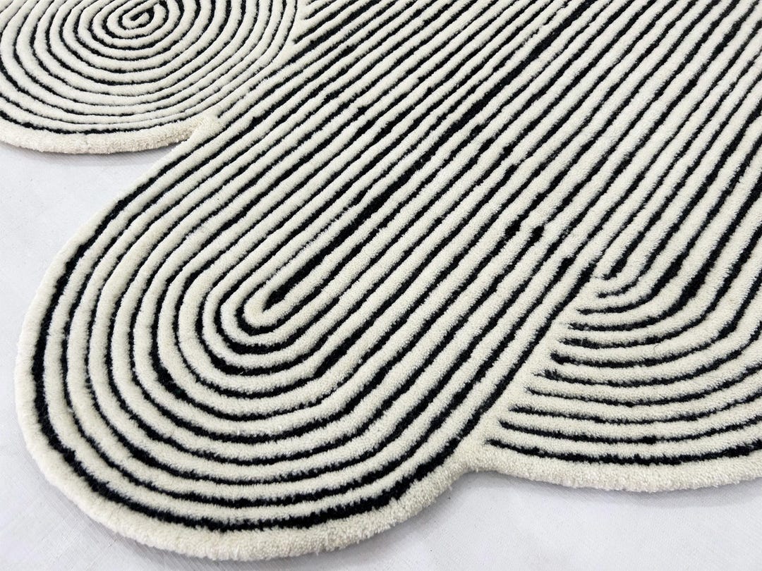 Ivory White Black Rug Irregular Shape Handmade Tufted Wavy Rug Design ...
