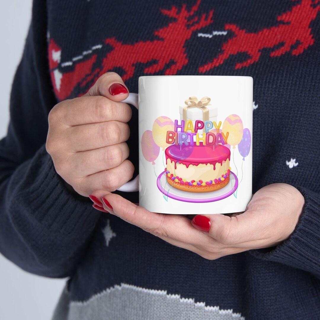 Happy Birthday Ceramic Mug - Celebrate With Cake & Balloons - Gift for ...