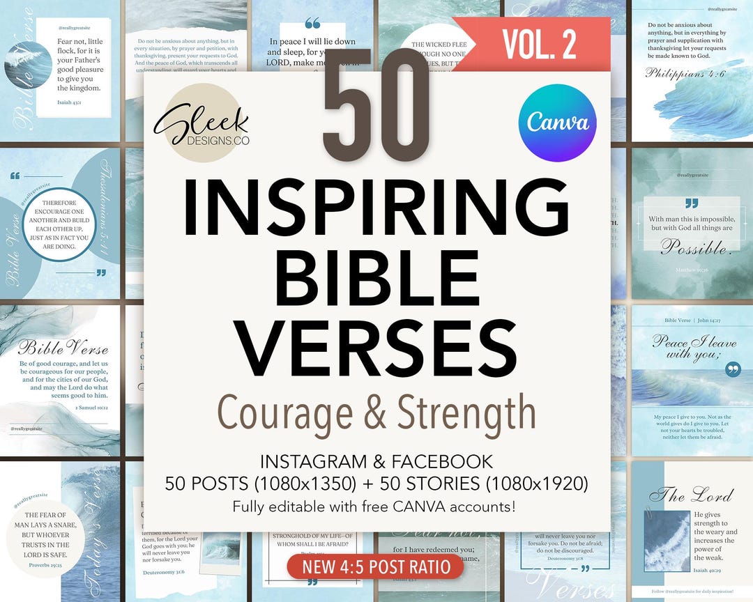 Bible Verses Editable Canva Templates Volume 2: 50 Courage & Strength ...