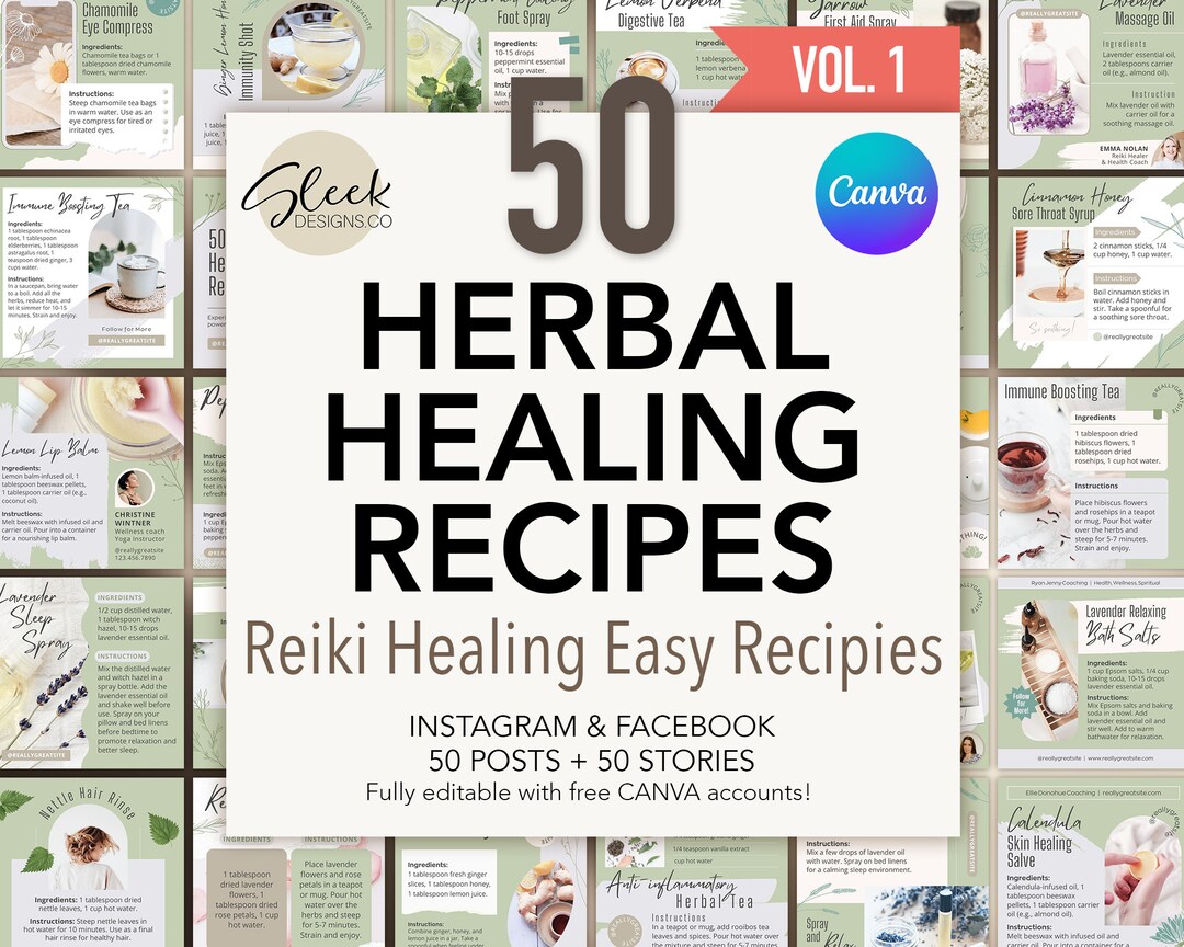 Herbal Healing Recipes Editable Canva Templates Volume 1: 50 Reiki ...