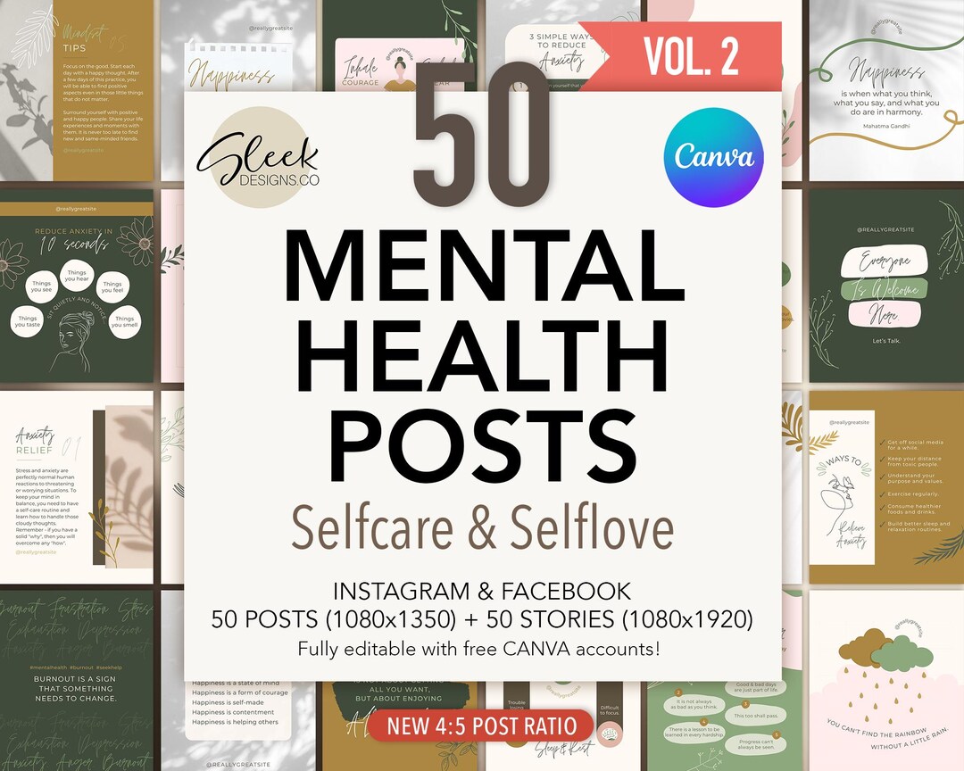 Mental Health Posts Editable Canva Templates Volume 2: 50 Positive and ...