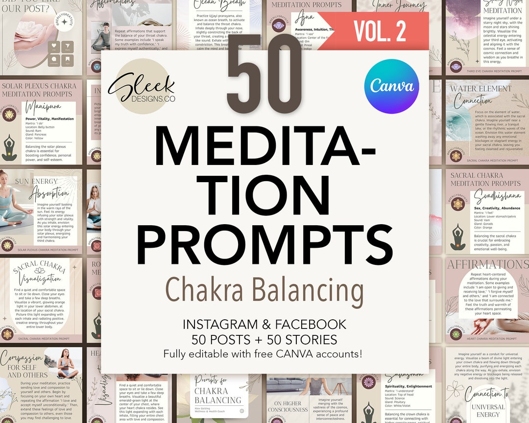 Meditation Prompts Editable Canva Templates Volume 2: 50 Chakra ...