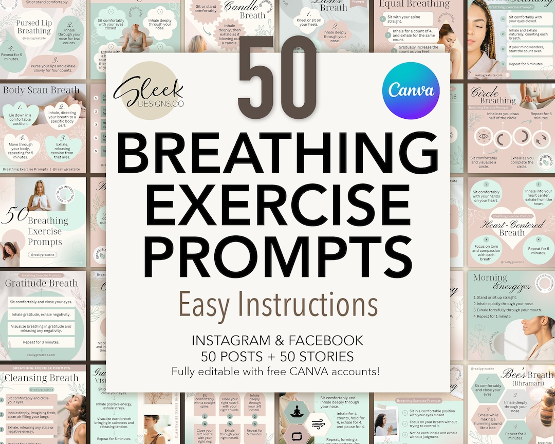 Breathing Exercise Prompts Editable Canva Templates: 50 Calming ...