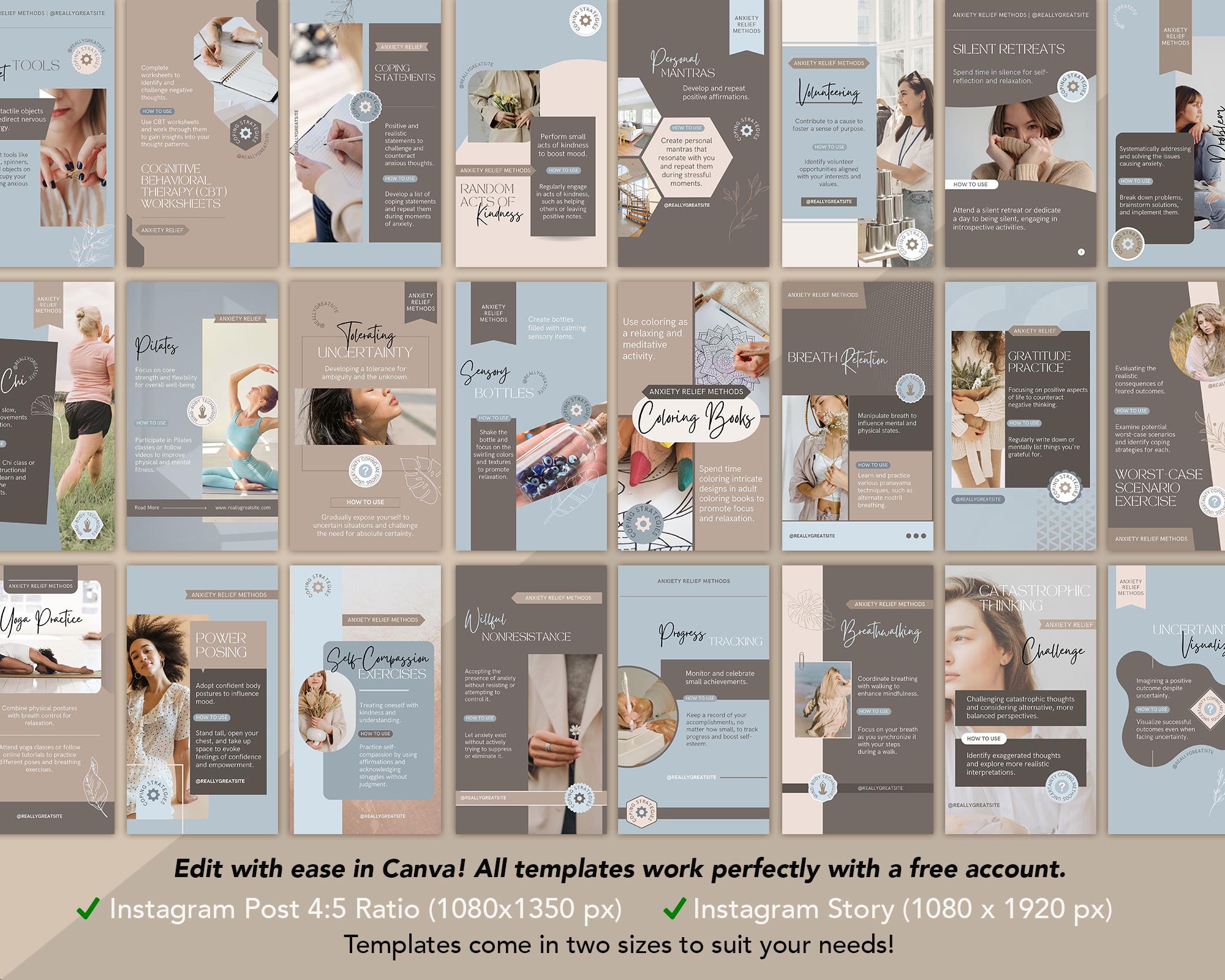 Anxiety Relief Editable Canva Templates: 50 Calming Relaxing Techniques ...