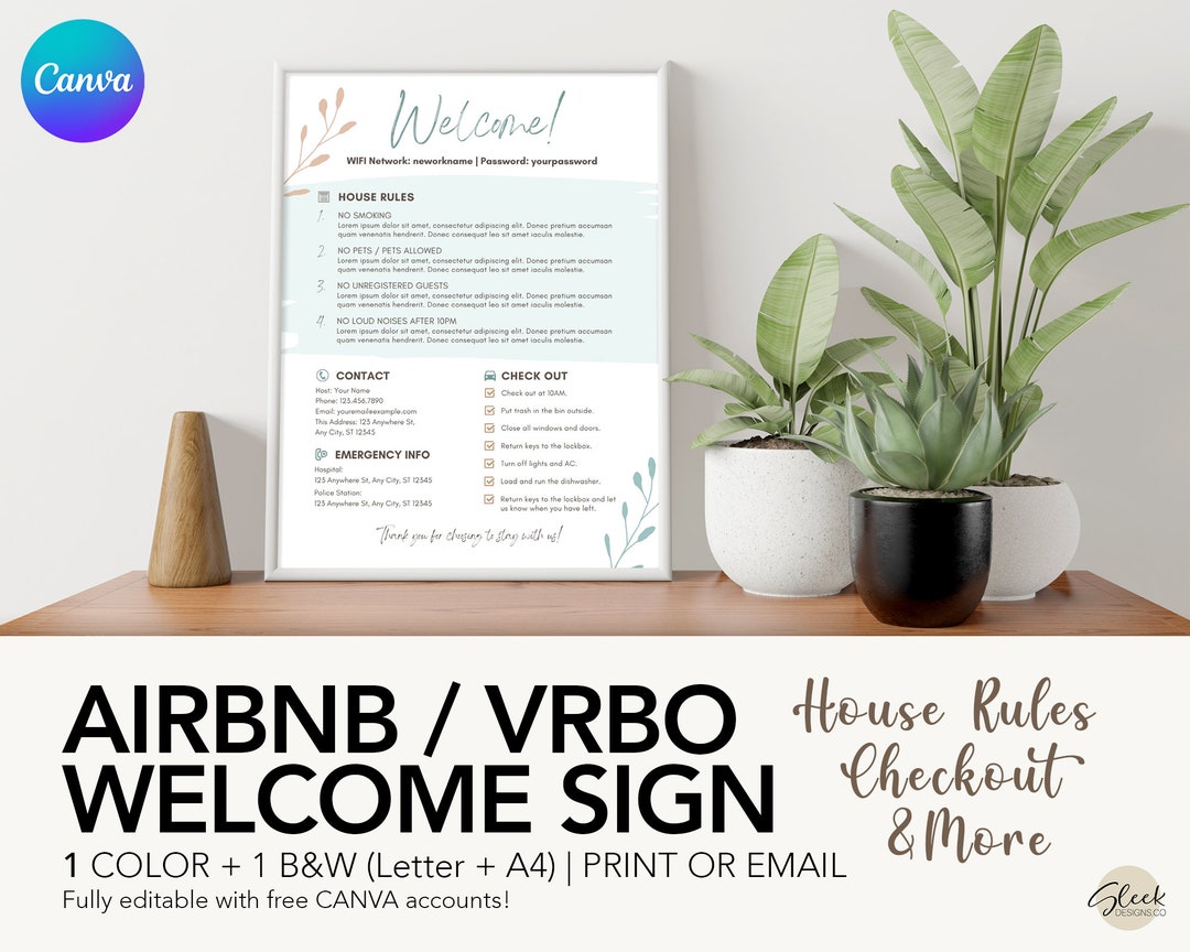 Airbnb Vrbo Welcome Sign Editable Canva Template: 1 Page Wifi, House ...