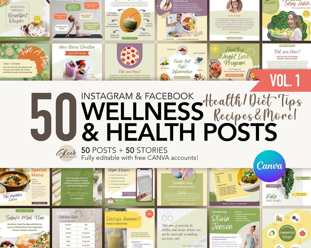 50 Wellness & Health Posts Volume 1 Diet Tips Editable - Etsy